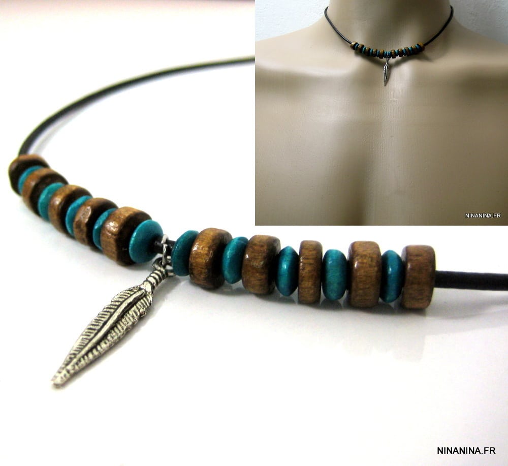 Collier plume homme et perles bois - Ninanina