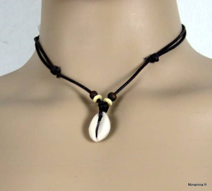 Collier coquillage cauri homme femme perles bois - Ninanina
