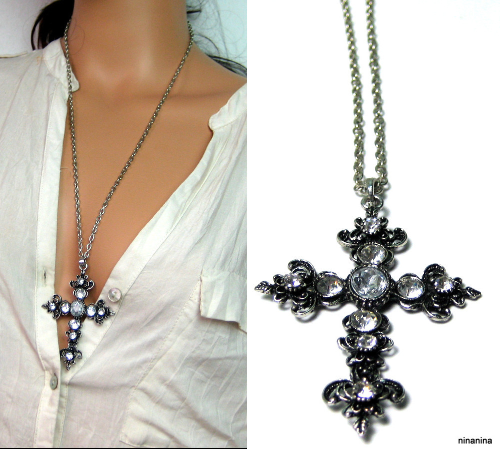 Collier long - Sautoir croix noire métal argenté - Ninanina
