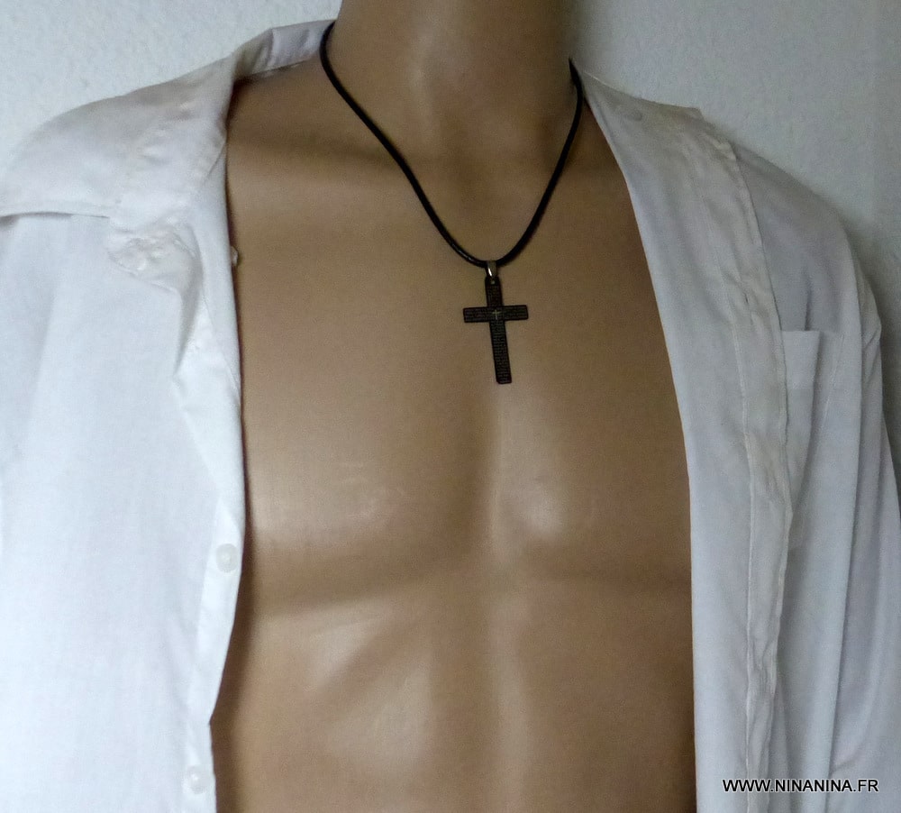 Collier homme pendentif croix Acier noire cordon cuir - Ninanina