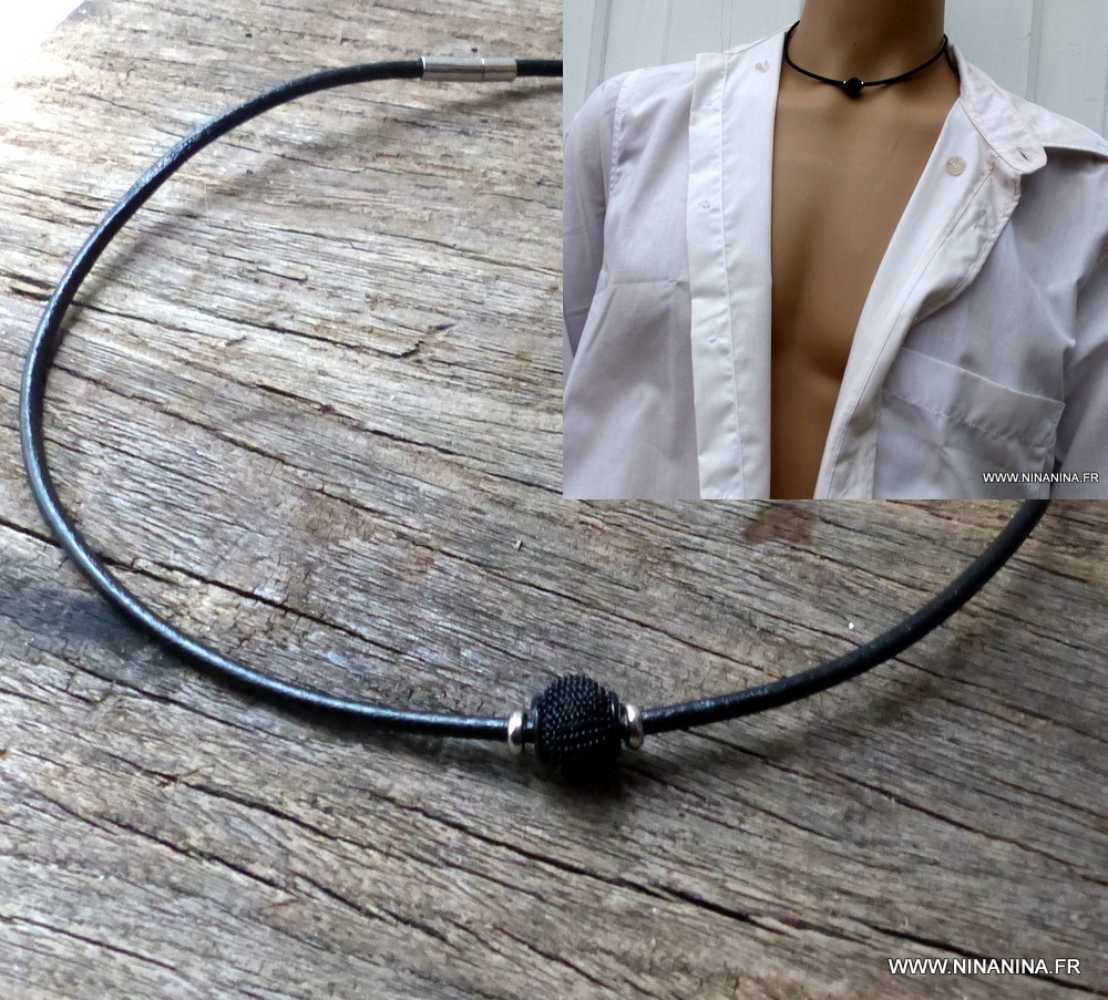 Collier homme cordon cuir perle résille noire - Ninanina