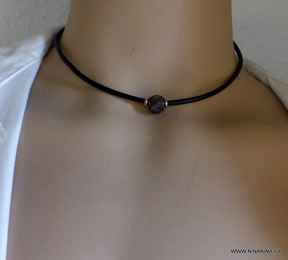 Collier homme cordon cuir perle résille noire - Ninanina