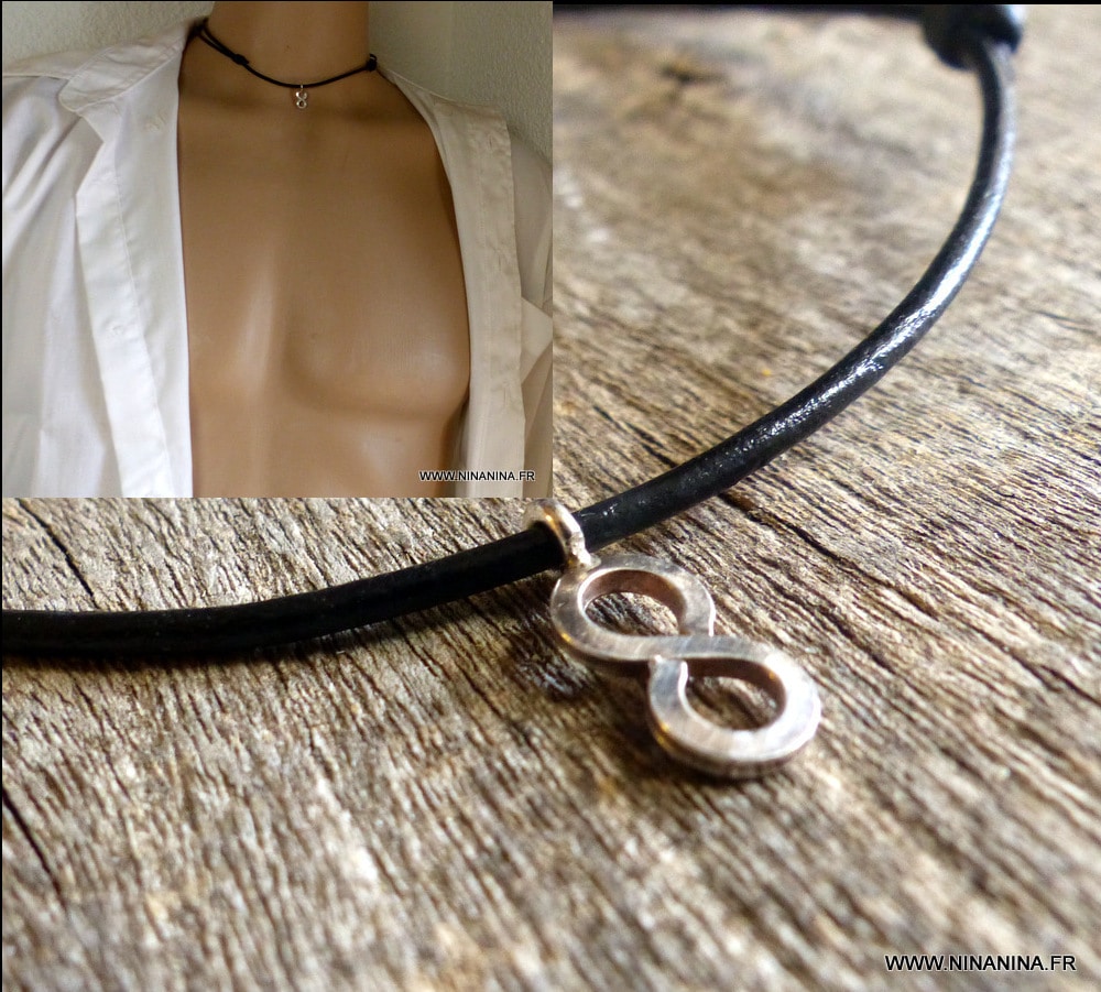 Pendentif infini homme Argent 925 massif sur cordon cuir - Ninanina