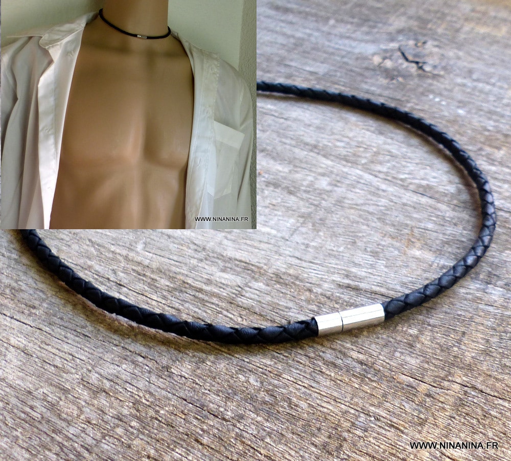Collier homme cuir tressé fermoir Acier argenté - Ninanina