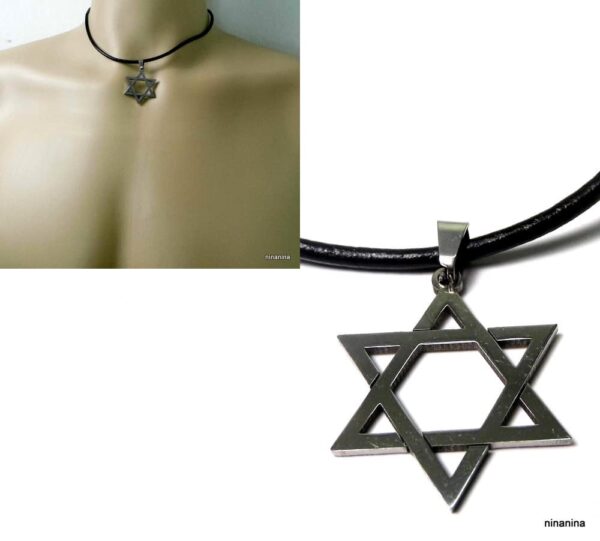 Pendentif croix de david Acier argent - Collier homme cuir - Ninanina