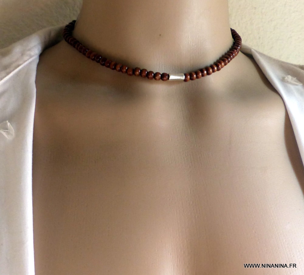 Collier homme elastique perles en bois métal argenté - Ninanina