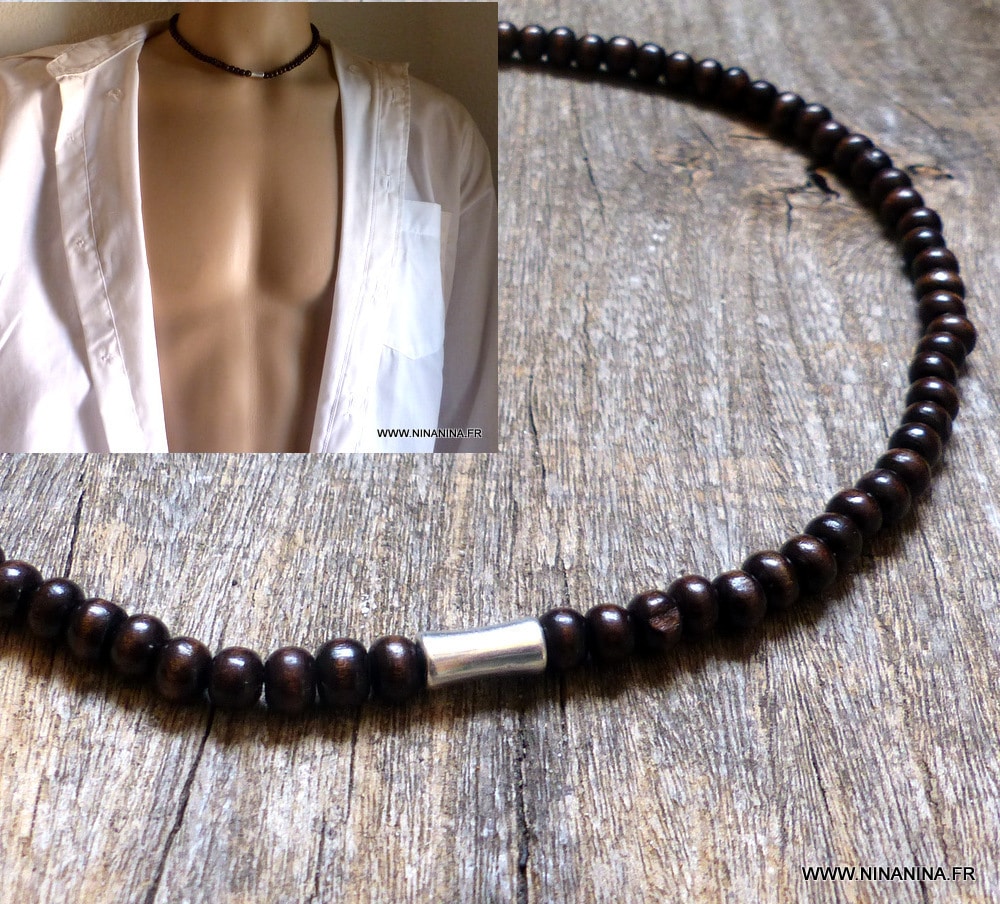 Collier homme elastique perles en bois métal argenté - Ninanina