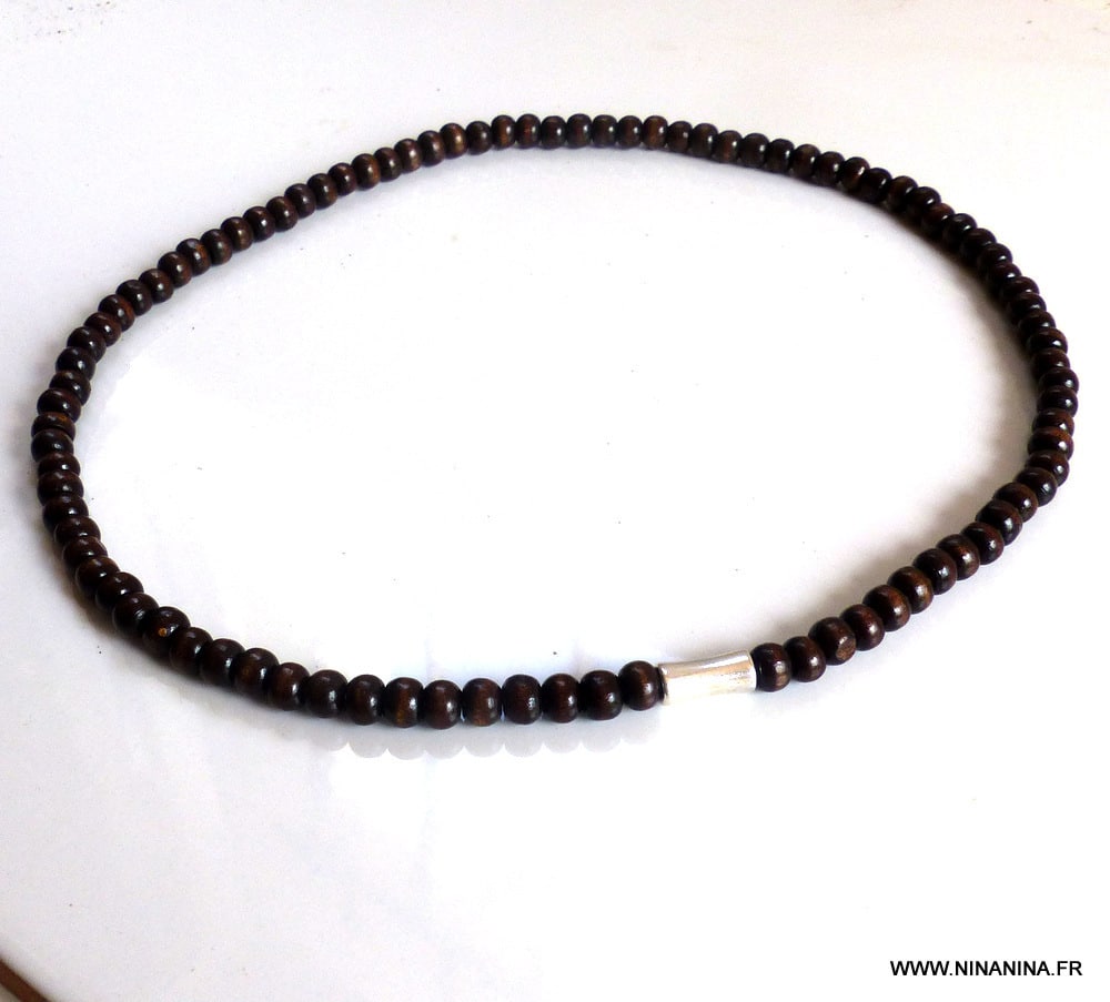 Collier homme elastique perles en bois métal argenté - Ninanina