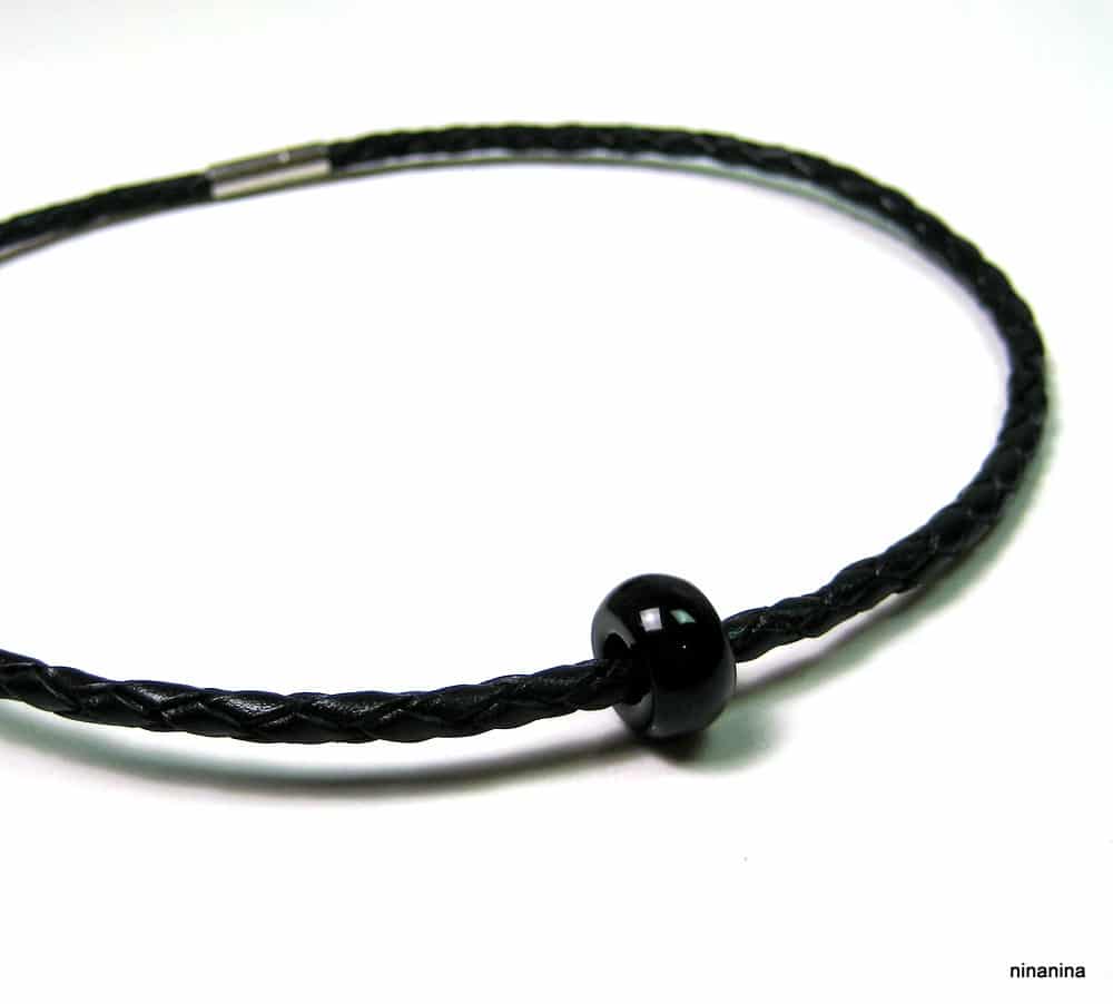Collier homme cordon cuir tressé perle agate noire - Ninanina