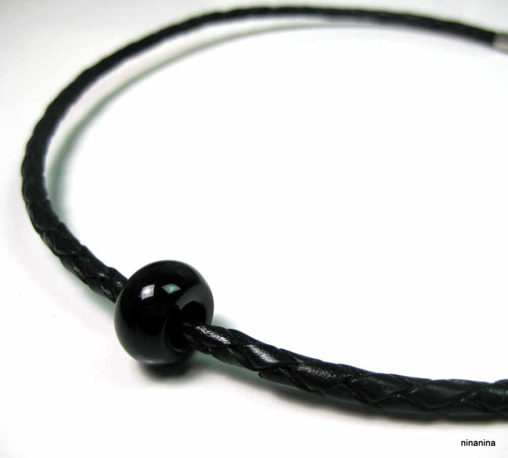 Collier homme cordon cuir tressé perle agate noire - Ninanina