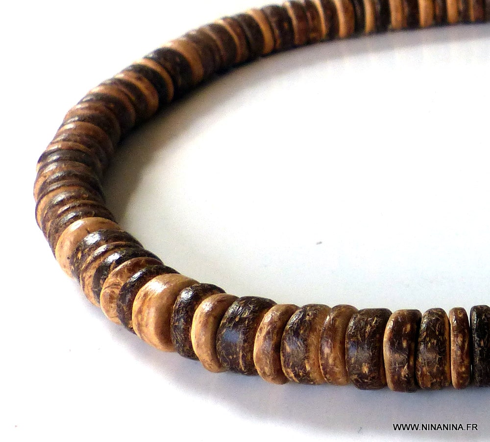 Collier homme elastique perles bois marron - Ninanina