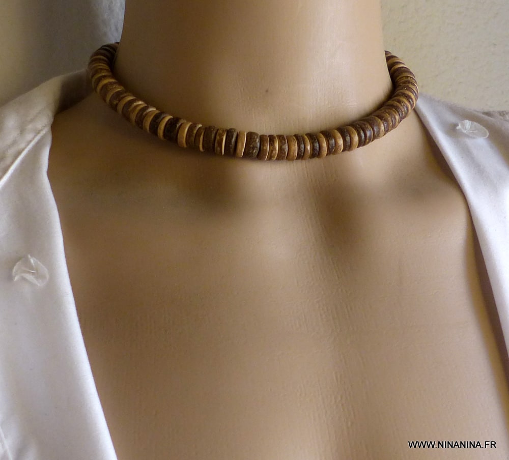 Collier homme elastique perles bois marron - Ninanina