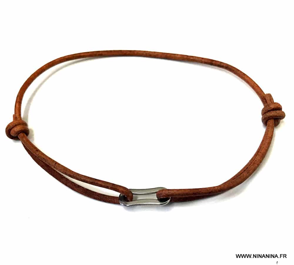 Bracelet homme cordon cuir réglable Acier inoxydable argent - Ninanina