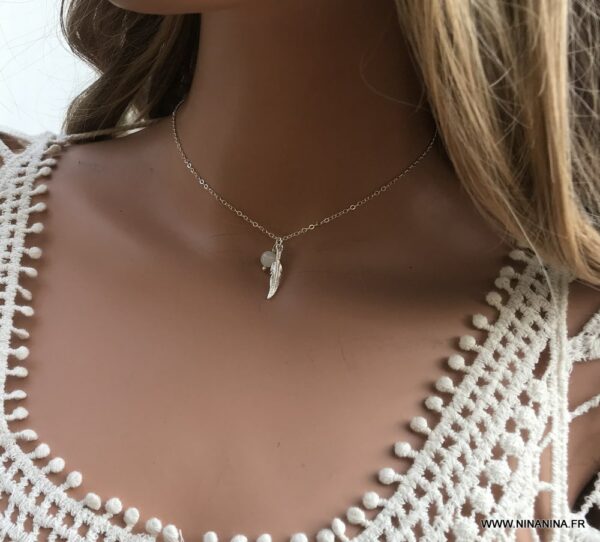 Ras de cou plume Argent et pierre de lune femme - Ninanina