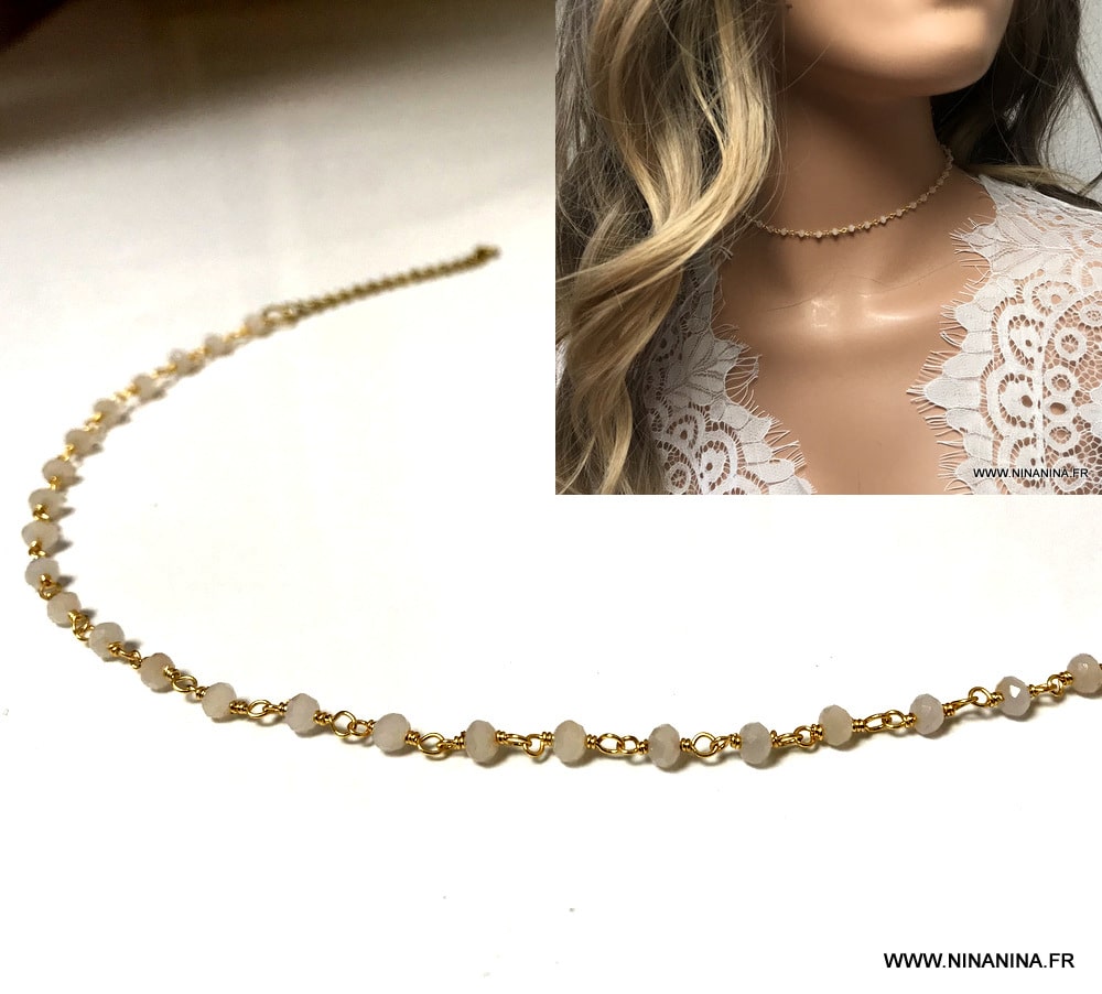 Ras de cou pierre de lune femme et plaqué or - Ninanina