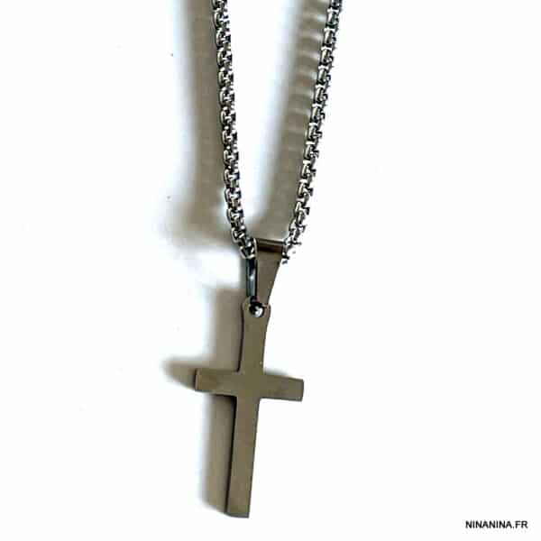 Chaine avec croix homme maille Acier inoxydable argent - Ninanina