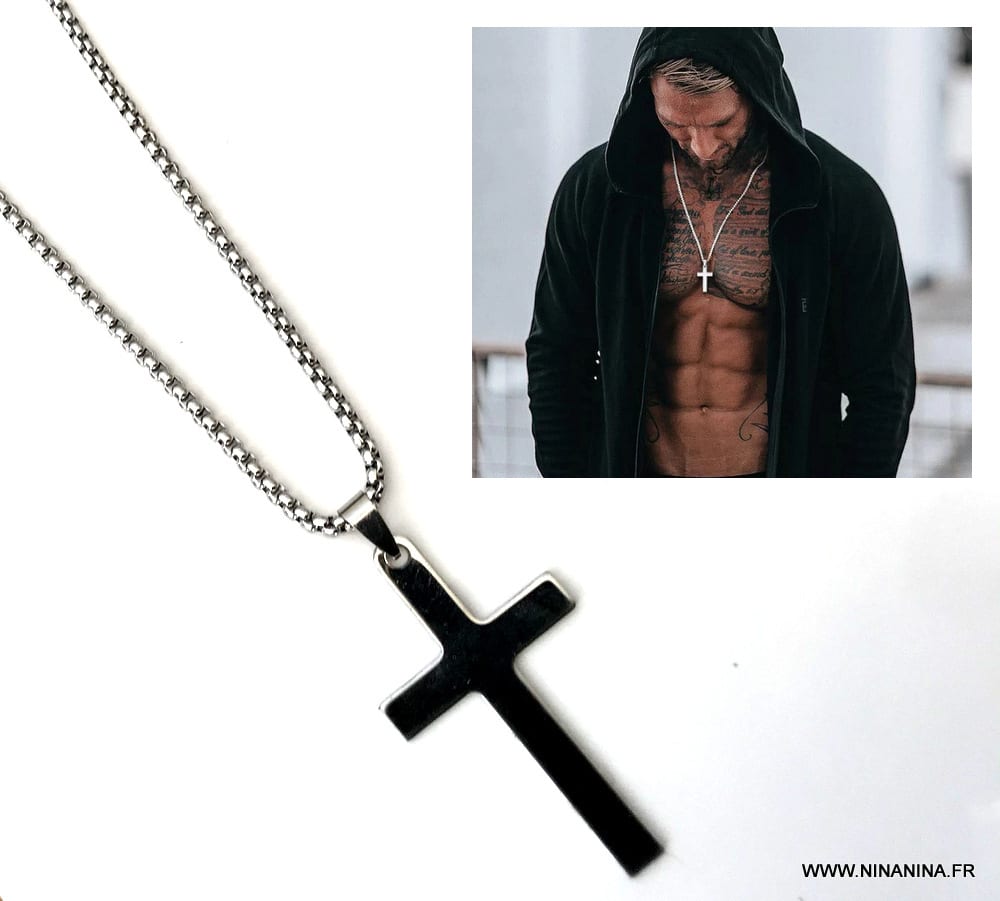 Chaine homme croix Acier inoxydable argent - collier gothique - Ninanina