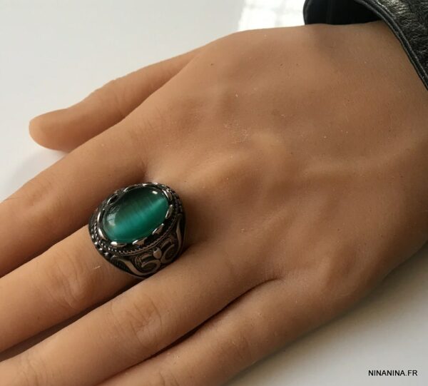 Chevaliere pierre verte homme Acier inoxydable argenté - Ninanina