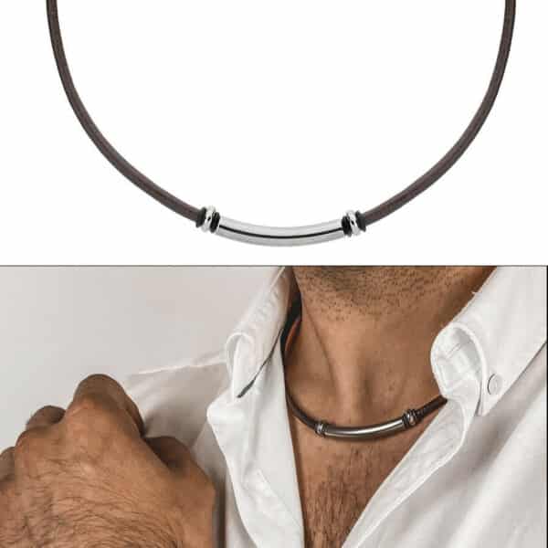 Collier cuir homme barre incurvée Acier inoxydable - Ninanina